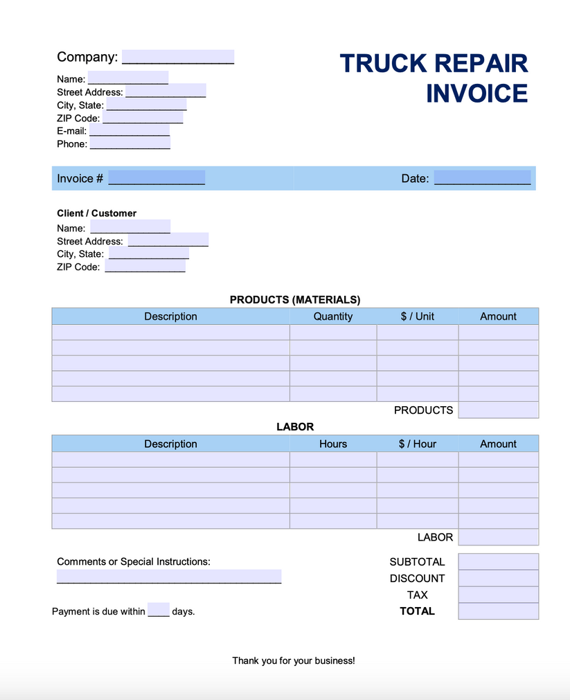 Truck Repair Invoice PDF document – Downloadable Carrier Databases